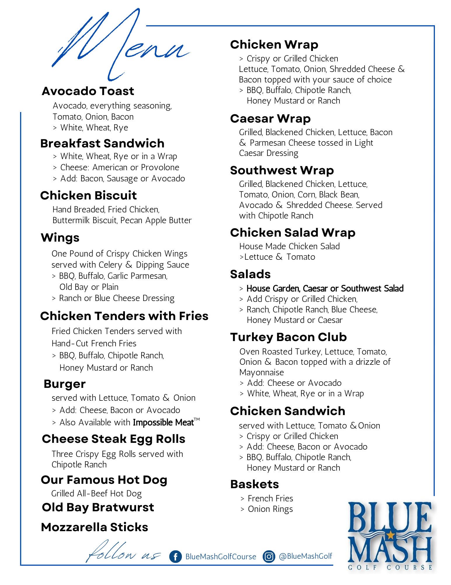 Grill Menu - Blue Mash Golf Course