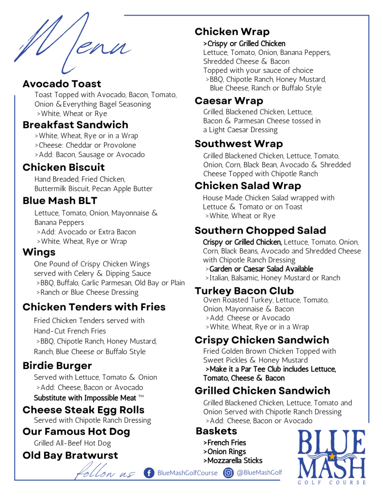 Grill Menu - Blue Mash Golf Course
